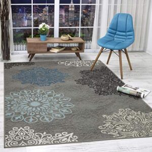 antep rugs alfombras modern floral 5×7 non-skid (non-slip) low profile pile rubber backing indoor area rugs (gray, 5′ x 7′)