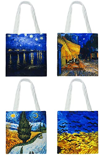 Rejolly 4 Pack Canvas Art Tote Bag Vincent Van Gogh Aesthetic Impressionist Accent Painting Printed Purse Stylish Shoulder Handbag for Women Men