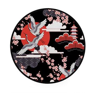 kuizee round area rug mat japanese decoration crane plum blossom black red living room bedroom bathroom kitchen home decor coral velvet non-slip round carpet 36.2 inch