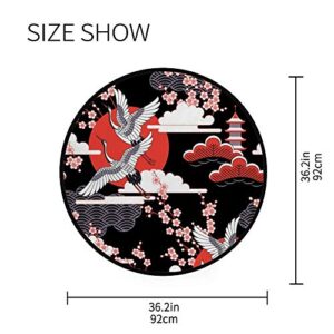 Kuizee Round Area Rug Mat Japanese Decoration Crane Plum Blossom Black Red Living Room Bedroom Bathroom Kitchen Home Decor Coral Velvet Non-Slip Round Carpet 36.2 Inch