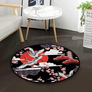 Kuizee Round Area Rug Mat Japanese Decoration Crane Plum Blossom Black Red Living Room Bedroom Bathroom Kitchen Home Decor Coral Velvet Non-Slip Round Carpet 36.2 Inch