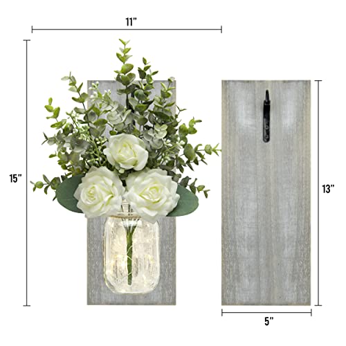 TenXVI Designs Remote Controlled Mason Jar Sconces with Roses and Eucalyptus - Set of 2 - Rustic Farmhouse, Boho, Country Western Home Wall Decoration for a Dining Room, Living Room, Bedroom - Gray