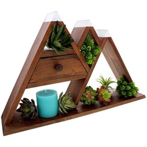 rustic curiosities large mountain shelf – 20x12x4.5 inch crystal shelf for succulents, plants, essential oils, includes pull out drawer, extra wide base crystal holder (brown)