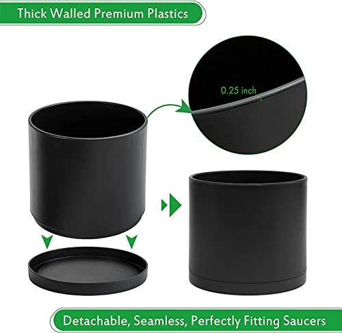 8 Inch Plastic Planter Pots for Plant Pot with Drainage Hole and Seamless Saucers, Black Color, 74-O-S-2