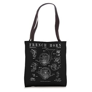 french horn old vintage antique patent drawing print tote bag