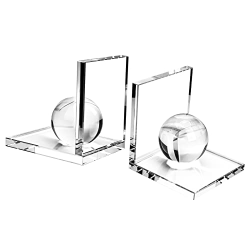 MerryNine Innovative Crystal Clear Bookends with Crystal Ball, 1 Pair L Shape Non Skid Sturdy Crystal Bookends for Heavy Books, Bookshelf, Office, School Library, Decorative Ornaments, A