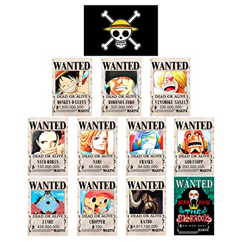 12pcs New Edition OP Pirates Wanted Posters, 16.6×11.7in Luffy 1.5 Billion, Straw Hat Pirates Crew with Pirate Flag Poster, Luffy Chopper Zoro Nami Usopp Sanji Jinbe Franky Brook Robin(High-End Version)