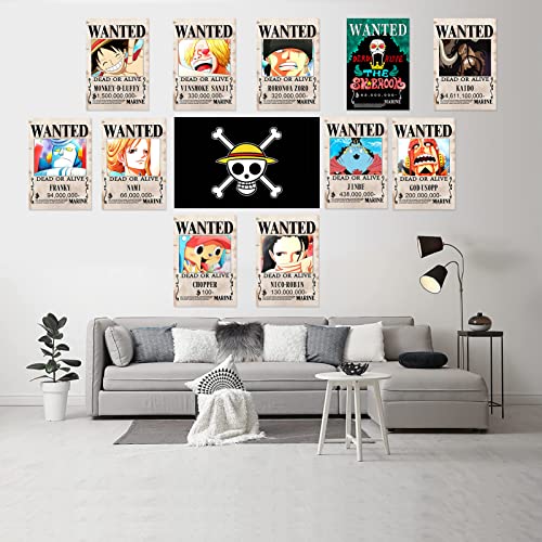 12pcs New Edition OP Pirates Wanted Posters, 16.6×11.7in Luffy 1.5 Billion, Straw Hat Pirates Crew with Pirate Flag Poster, Luffy Chopper Zoro Nami Usopp Sanji Jinbe Franky Brook Robin(High-End Version)