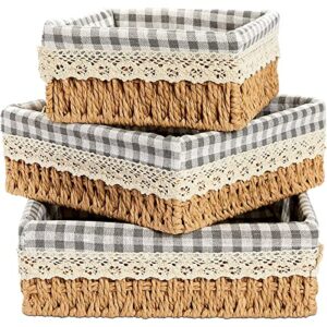 set of 3 rectangular wicker baskets with removable liner, woven storage shelves (3 sizes)