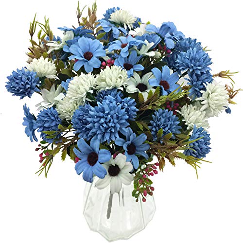 CORVYUC 5 Bundles Silk Artificial Flowers Fake Chrysanthemum Ball Faux Daisy Flower Bouquets Arrangements for Home Office Party Wedding Table Centerpieces Decor No Vase (Blue)