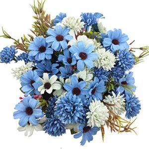 CORVYUC 5 Bundles Silk Artificial Flowers Fake Chrysanthemum Ball Faux Daisy Flower Bouquets Arrangements for Home Office Party Wedding Table Centerpieces Decor No Vase (Blue)