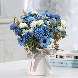 CORVYUC 5 Bundles Silk Artificial Flowers Fake Chrysanthemum Ball Faux Daisy Flower Bouquets Arrangements for Home Office Party Wedding Table Centerpieces Decor No Vase (Blue)