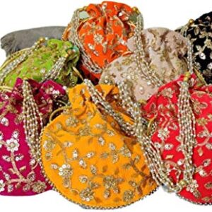 5 Pieces India Gift Hub Indian Handmade Women's Velvet Embroidered Potli Purse Bag Pouch Drawstring Bag