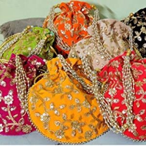 5 Pieces India Gift Hub Indian Handmade Women's Velvet Embroidered Potli Purse Bag Pouch Drawstring Bag