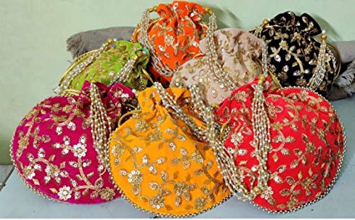 5 Pieces India Gift Hub Indian Handmade Women's Velvet Embroidered Potli Purse Bag Pouch Drawstring Bag