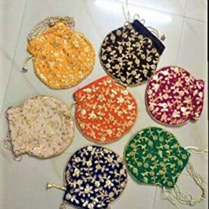 5 Pieces India Gift Hub Indian Handmade Women's Velvet Embroidered Potli Purse Bag Pouch Drawstring Bag