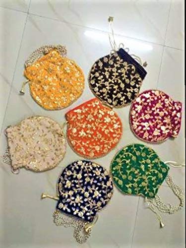 5 Pieces India Gift Hub Indian Handmade Women's Velvet Embroidered Potli Purse Bag Pouch Drawstring Bag