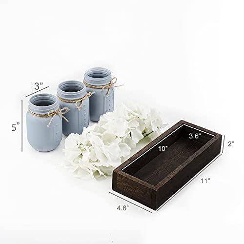 Mkono Mason Jar Centerpiece Decorative Wood Tray with 3 Painted Jars Artificial Flowers Rustic Country Farmhouse Fall Decor for Coffee Table Dining Room Living Room Kitchen,Grey Blue