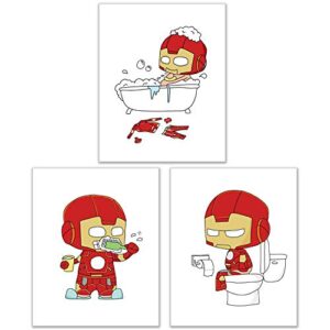 iron man bathroom photos- set of 3 (8 inches x 10 inches) tony stark poster prints