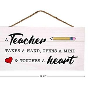 GSM Brands Teacher Takes a Hand Wood Plank Hanging Sign for School Decor (13.75 x 6.9 Inches)