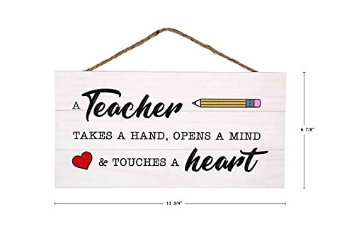 GSM Brands Teacher Takes a Hand Wood Plank Hanging Sign for School Decor (13.75 x 6.9 Inches)