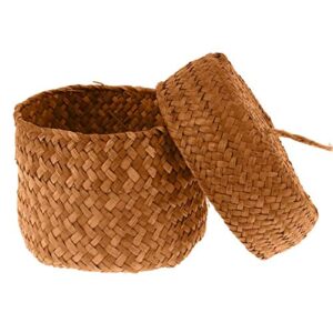 tjexepyk mini wicker storage baskets with lid natural round desktop storage basket japanese style small spun wicker basket box