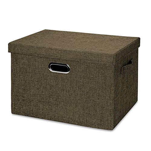 Foldable Storage Bins with Lid, Collapsible Linen Fabric Clothing Toy Storage Box Cubes Basket Containers for Shelf Cabinet Bookcase Boxes (Brown, Medium(15x10x10inch))