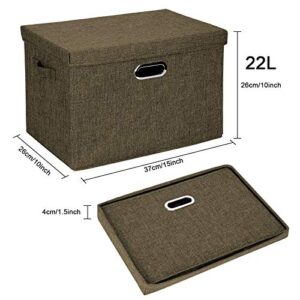 Foldable Storage Bins with Lid, Collapsible Linen Fabric Clothing Toy Storage Box Cubes Basket Containers for Shelf Cabinet Bookcase Boxes (Brown, Medium(15x10x10inch))