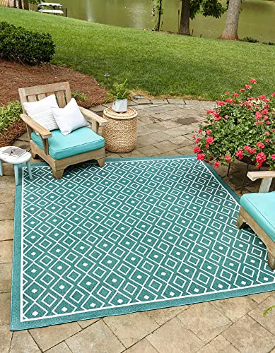 Unique Loom Outdoor Trellis Collection Area Rug Geometric Diamonds Flatweave Design, Tribal Inspired for Indoor/Outdoor Décor (7' 10 x 7' 10 Square, Teal)