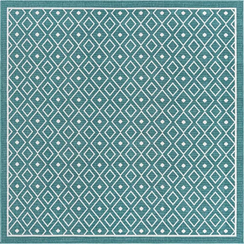 Unique Loom Outdoor Trellis Collection Area Rug Geometric Diamonds Flatweave Design, Tribal Inspired for Indoor/Outdoor Décor (7' 10 x 7' 10 Square, Teal)