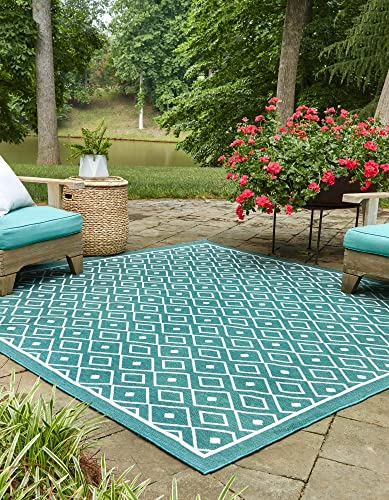 Unique Loom Outdoor Trellis Collection Area Rug Geometric Diamonds Flatweave Design, Tribal Inspired for Indoor/Outdoor Décor (7' 10 x 7' 10 Square, Teal)