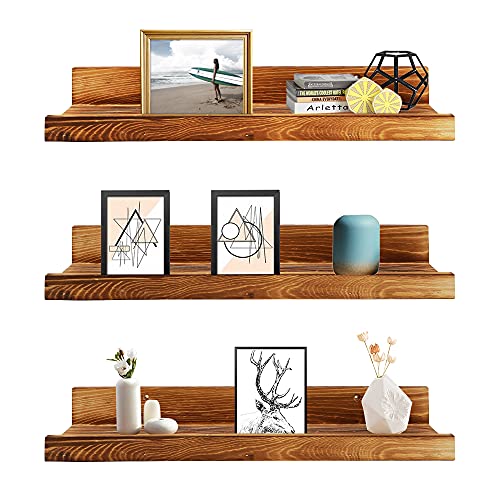 24 Inch Wooden Floating Shelves Wall Mounted Set of 3 Rustic Large Wall Shelves Picture Photoes Ledge Shelf for Bedroom Living Room Bathroom Kitchen Office Organizer 3 Different Sizes Dark Brown