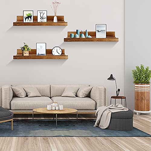 24 Inch Wooden Floating Shelves Wall Mounted Set of 3 Rustic Large Wall Shelves Picture Photoes Ledge Shelf for Bedroom Living Room Bathroom Kitchen Office Organizer 3 Different Sizes Dark Brown