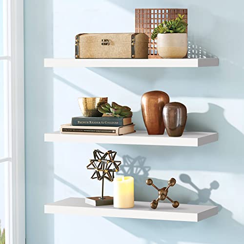 MOBPMO Floating Shelves White, Wall Storage Shelf with Invisible Brackets, White Wall Shelf for Living Room, Bedroom, Bathroom, Kitchen, Decorations Display Unit Organizer, Set of 3