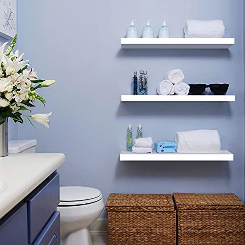 MOBPMO Floating Shelves White, Wall Storage Shelf with Invisible Brackets, White Wall Shelf for Living Room, Bedroom, Bathroom, Kitchen, Decorations Display Unit Organizer, Set of 3