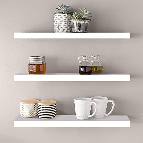 MOBPMO Floating Shelves White, Wall Storage Shelf with Invisible Brackets, White Wall Shelf for Living Room, Bedroom, Bathroom, Kitchen, Decorations Display Unit Organizer, Set of 3