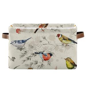 hmzxz retro spring summer birds canvas fabric storage basket collapsible toys storage bin with pu leather handles basket box organizer for wardrobe closet shelves organiser