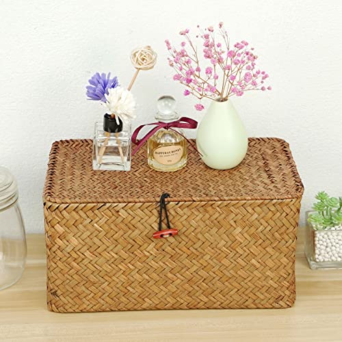 Casaphoria Large Square Sea Grass Baskets for Storage Seaweed Woven Sundries Baskets Sturdy and Durable Natural Material for Make-up with Lid Big Rectangular Seagrass Towel Baskets for Organizing