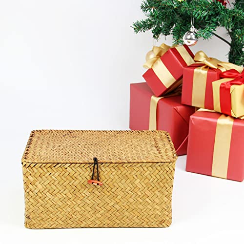 Casaphoria Large Square Sea Grass Baskets for Storage Seaweed Woven Sundries Baskets Sturdy and Durable Natural Material for Make-up with Lid Big Rectangular Seagrass Towel Baskets for Organizing