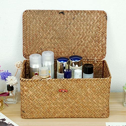 Casaphoria Large Square Sea Grass Baskets for Storage Seaweed Woven Sundries Baskets Sturdy and Durable Natural Material for Make-up with Lid Big Rectangular Seagrass Towel Baskets for Organizing