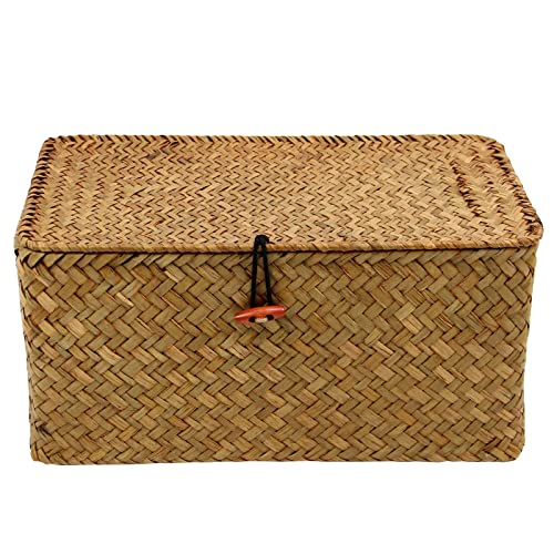 Casaphoria Large Square Sea Grass Baskets for Storage Seaweed Woven Sundries Baskets Sturdy and Durable Natural Material for Make-up with Lid Big Rectangular Seagrass Towel Baskets for Organizing