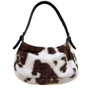 Women Fluffy Faux Fur Cow Print Shoulder Bag Clutch Purse Underarm Handbag Satchel Zipper Tote Bag Purse