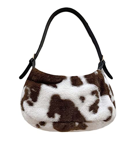 Women Fluffy Faux Fur Cow Print Shoulder Bag Clutch Purse Underarm Handbag Satchel Zipper Tote Bag Purse