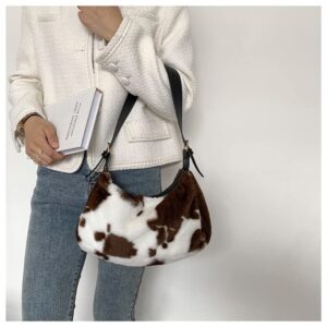 Women Fluffy Faux Fur Cow Print Shoulder Bag Clutch Purse Underarm Handbag Satchel Zipper Tote Bag Purse