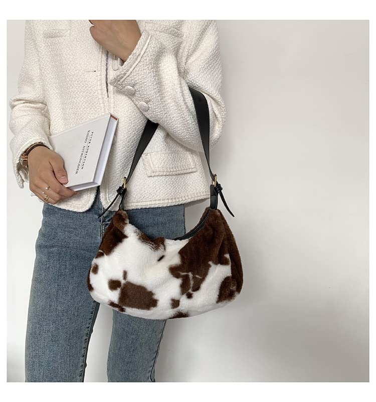 Women Fluffy Faux Fur Cow Print Shoulder Bag Clutch Purse Underarm Handbag Satchel Zipper Tote Bag Purse