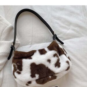 Women Fluffy Faux Fur Cow Print Shoulder Bag Clutch Purse Underarm Handbag Satchel Zipper Tote Bag Purse