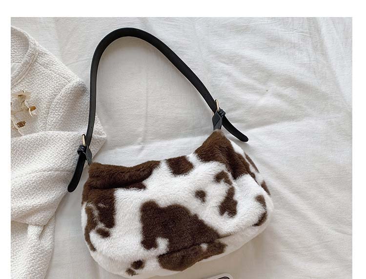 Women Fluffy Faux Fur Cow Print Shoulder Bag Clutch Purse Underarm Handbag Satchel Zipper Tote Bag Purse