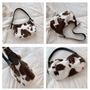 Women Fluffy Faux Fur Cow Print Shoulder Bag Clutch Purse Underarm Handbag Satchel Zipper Tote Bag Purse