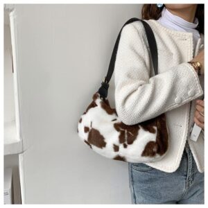 Women Fluffy Faux Fur Cow Print Shoulder Bag Clutch Purse Underarm Handbag Satchel Zipper Tote Bag Purse