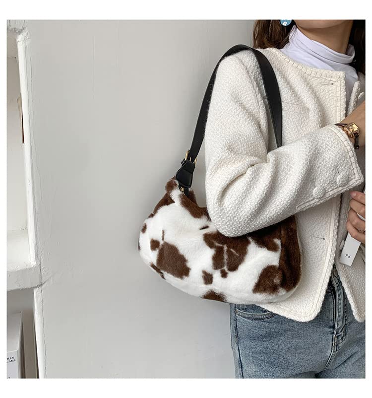 Women Fluffy Faux Fur Cow Print Shoulder Bag Clutch Purse Underarm Handbag Satchel Zipper Tote Bag Purse